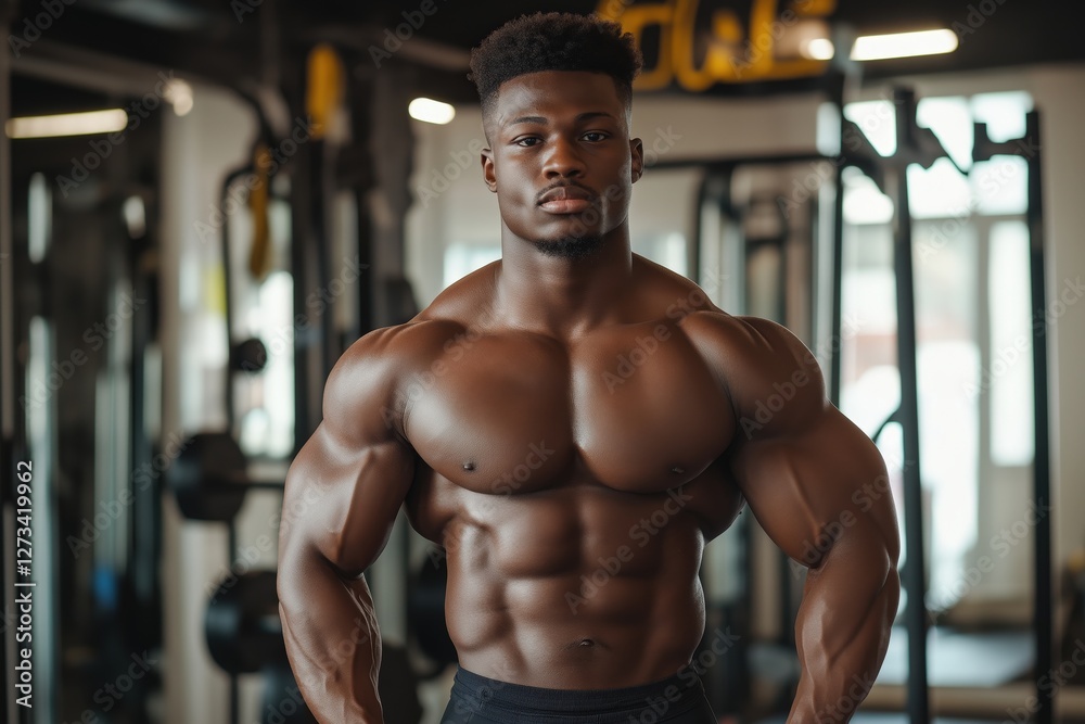 Muscular man posing shirtless in a gym, showcasing strength ...