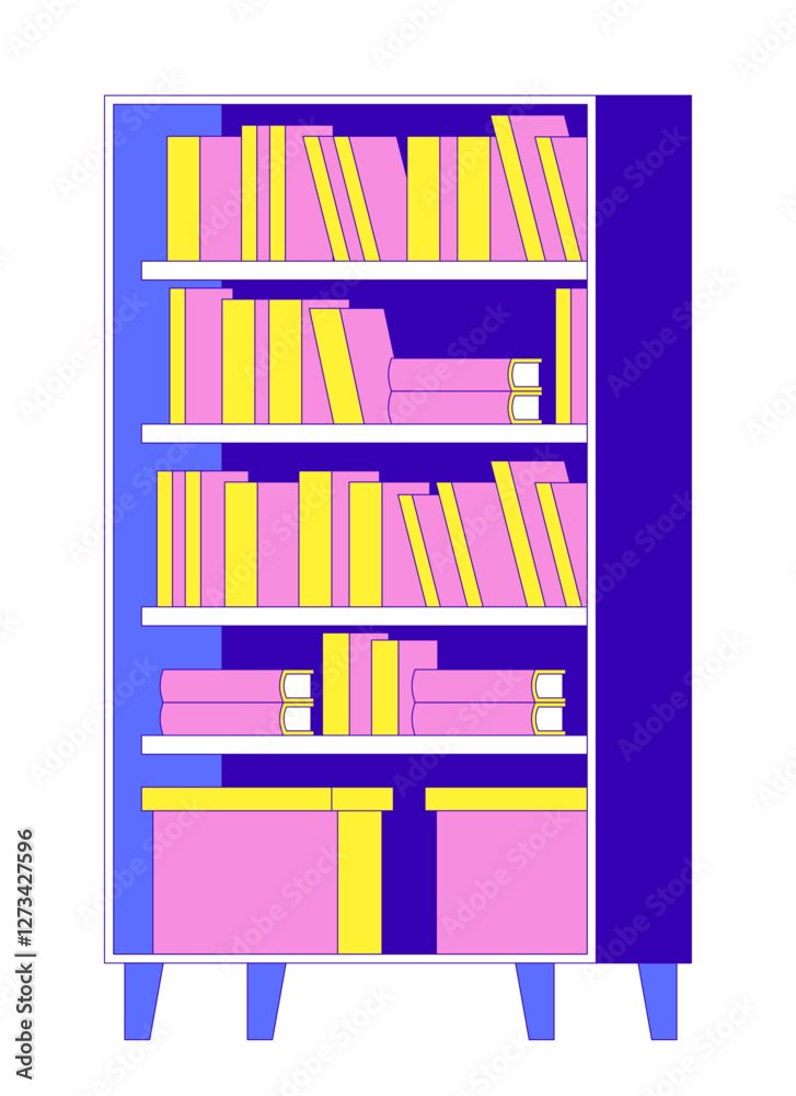 Bookcase with books and storage boxes 2D cartoon object. Bookshelves ...