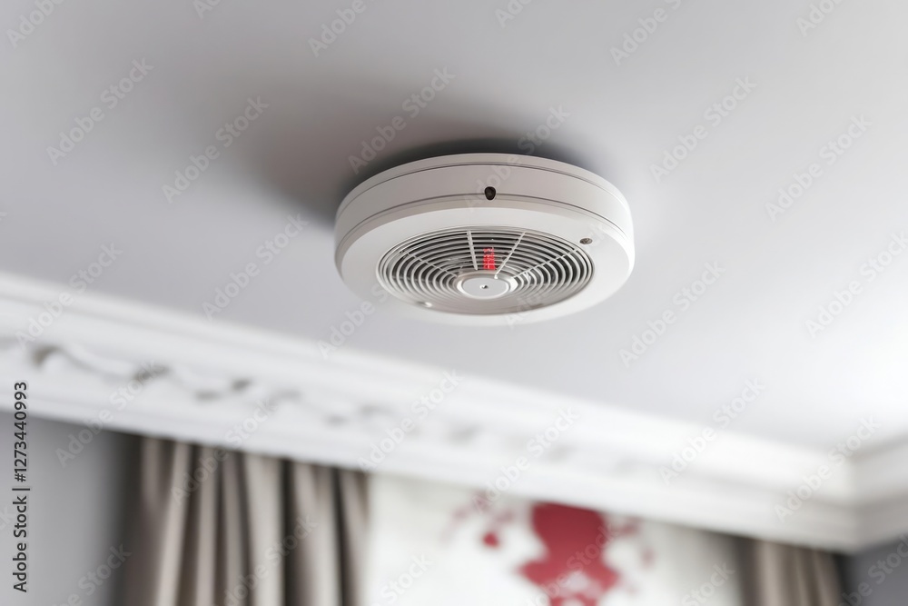 Stock-Foto „A white ceiling-mounted smoke detector with a visible red ...