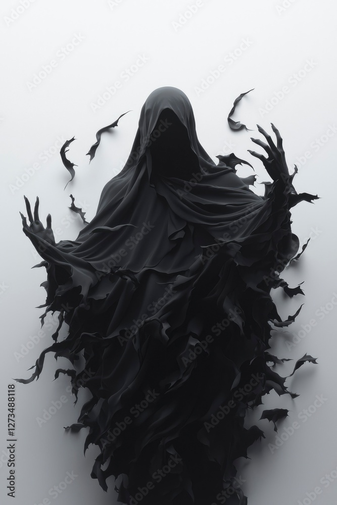 Grim reaper raises hands in dark robe and hood, eerie, isolated over a ...