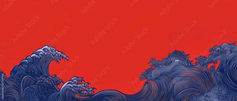 Classic Japanese textile wave pattern in ultramarine blue on a red ...