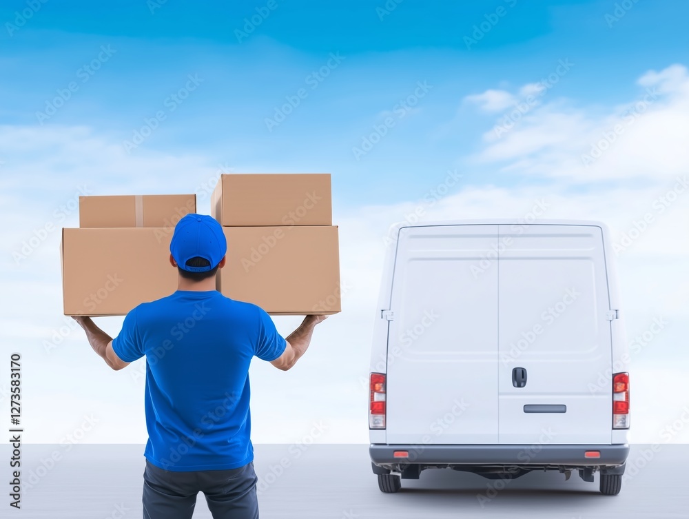 Delivery Worker Carrying Multiple Packages to a White Delivery Van ...