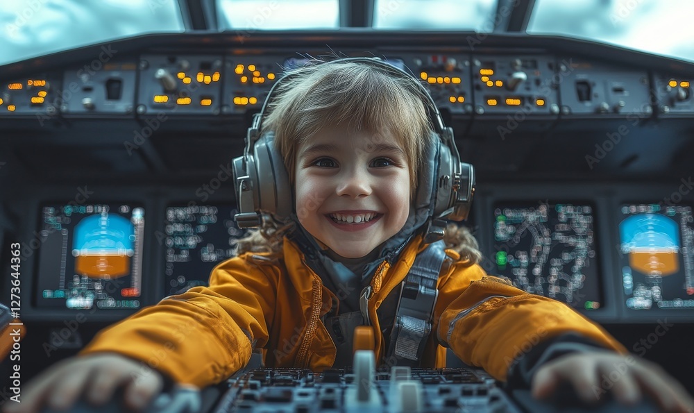 Happy Kid as Airplane Captain joyful child dressed in a pilot suit ...