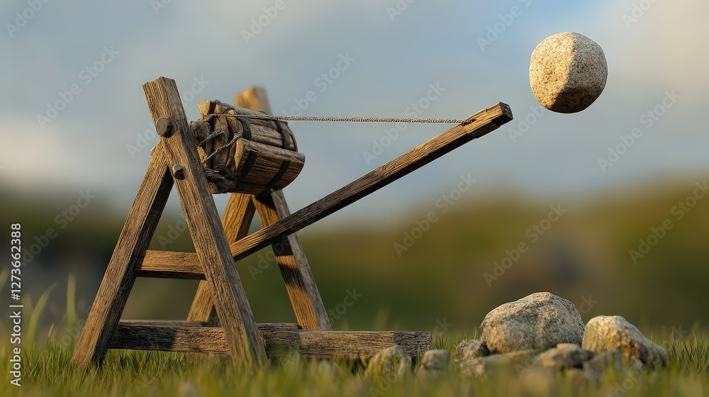 A catapult launching a stone, showing the potential and kinetic energy ...