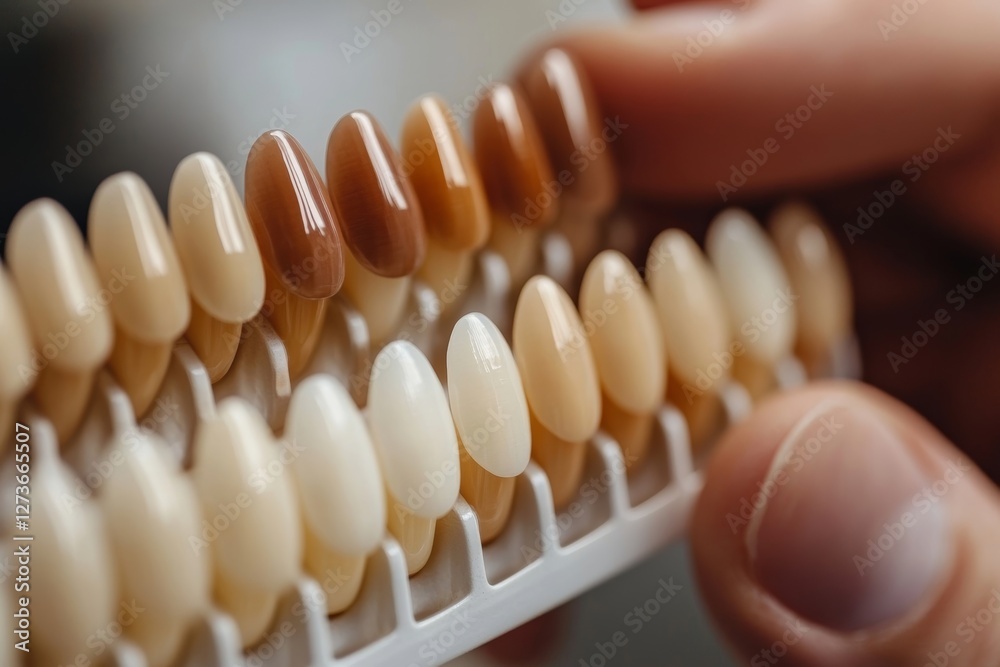 Dentist holding dental teeth shade guide chart, choosing right emanel ...