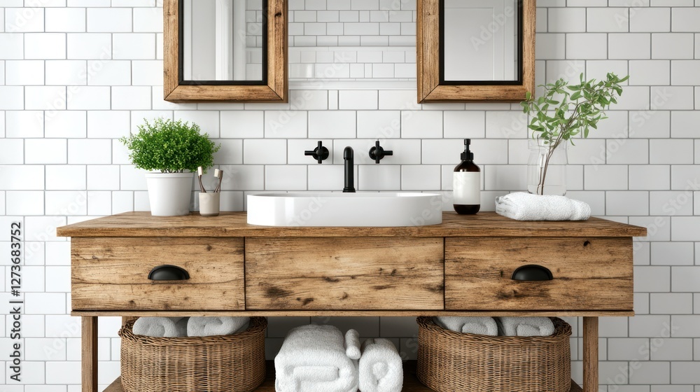 Farmhouse-style bathroom with a rustic wooden vanity, white subway ...