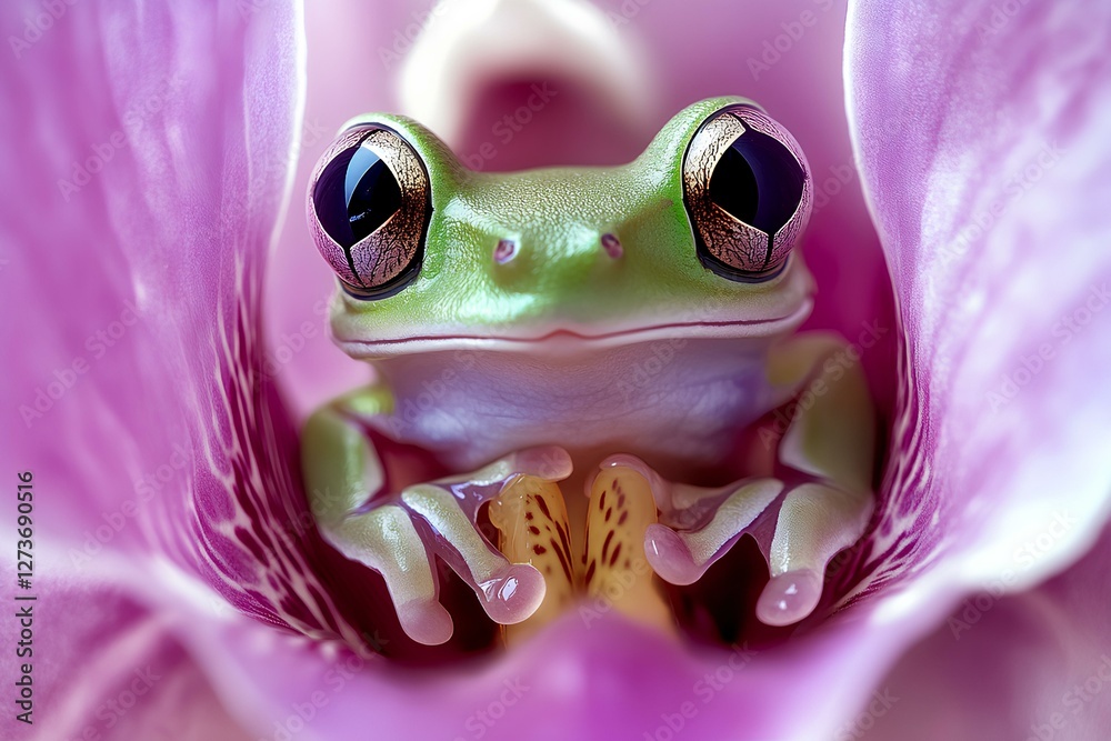 tiny tree frog sitting inside the petals of a bright pink orchid Stock ...
