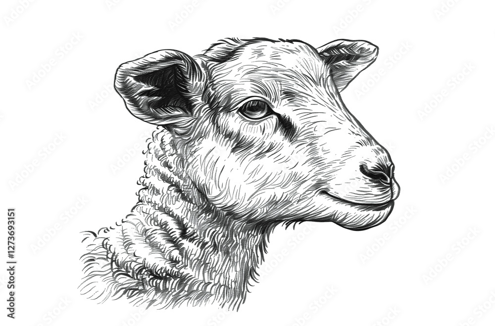Sheep, lamb. Vintage retro print, black white sheep lamb sketch ink ...