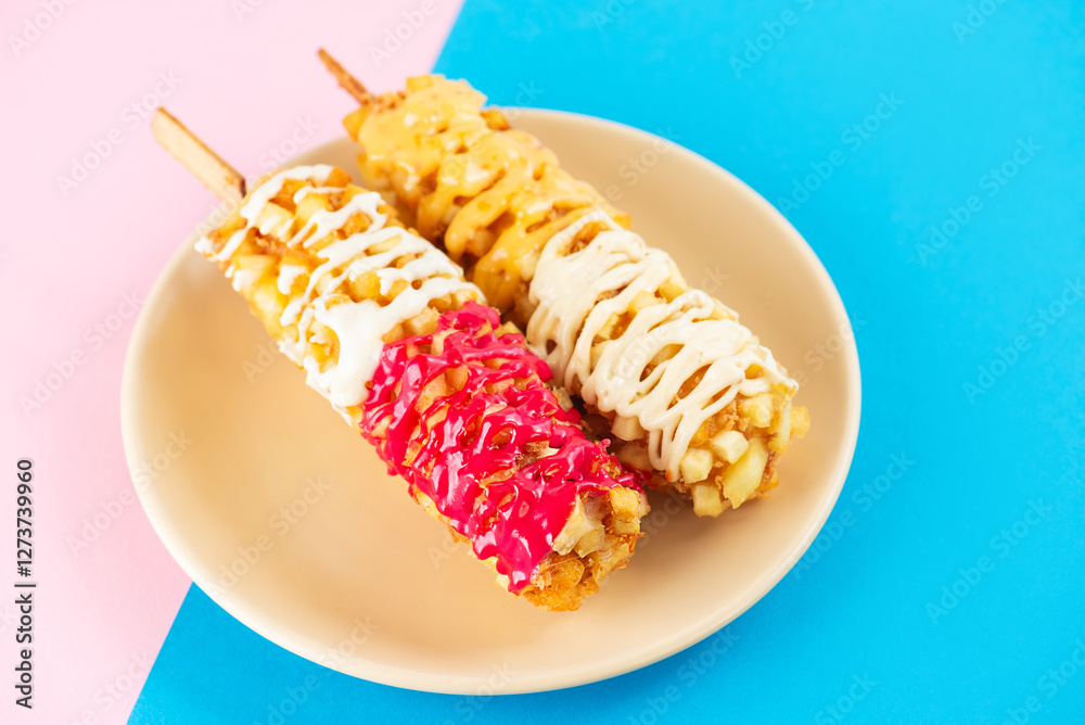 Crunchy Korean chunky potato corn dogs with batter, fried potatoes ...