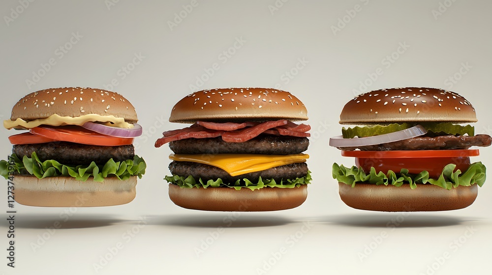 Surreal depiction of a hamburger with each ingredient suspended mid air ...