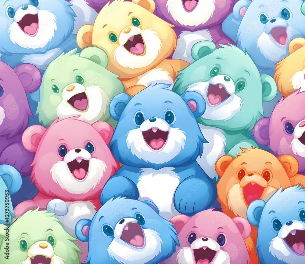 Cute, colorful Care Bears in different poses, 90s style, seamless ...