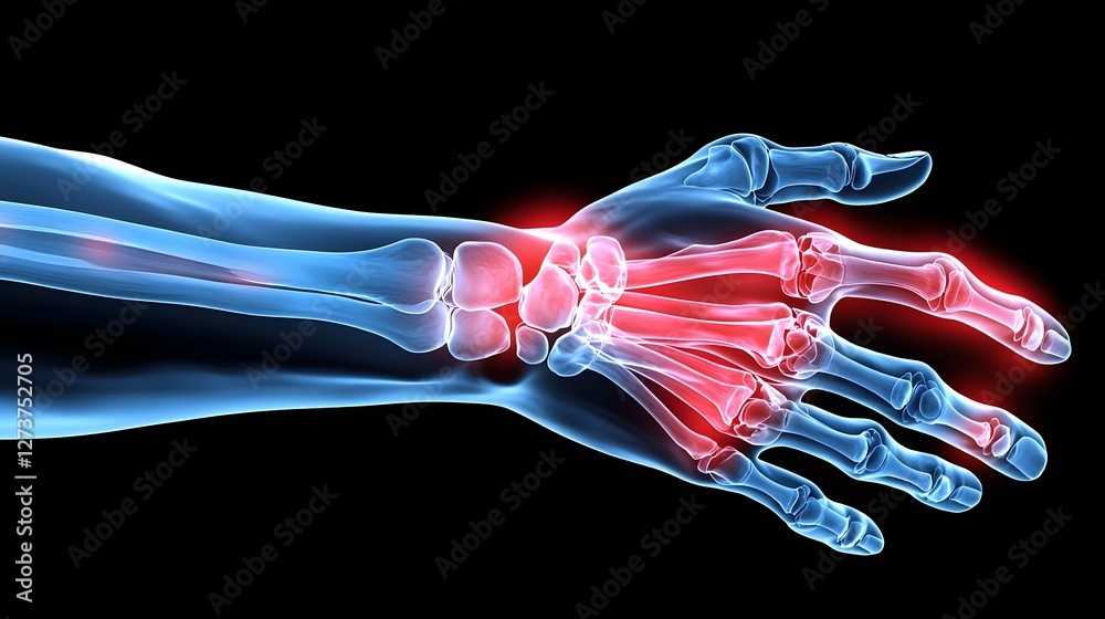 Close up medical or x ray image showing the wrist and hand anatomy with ...