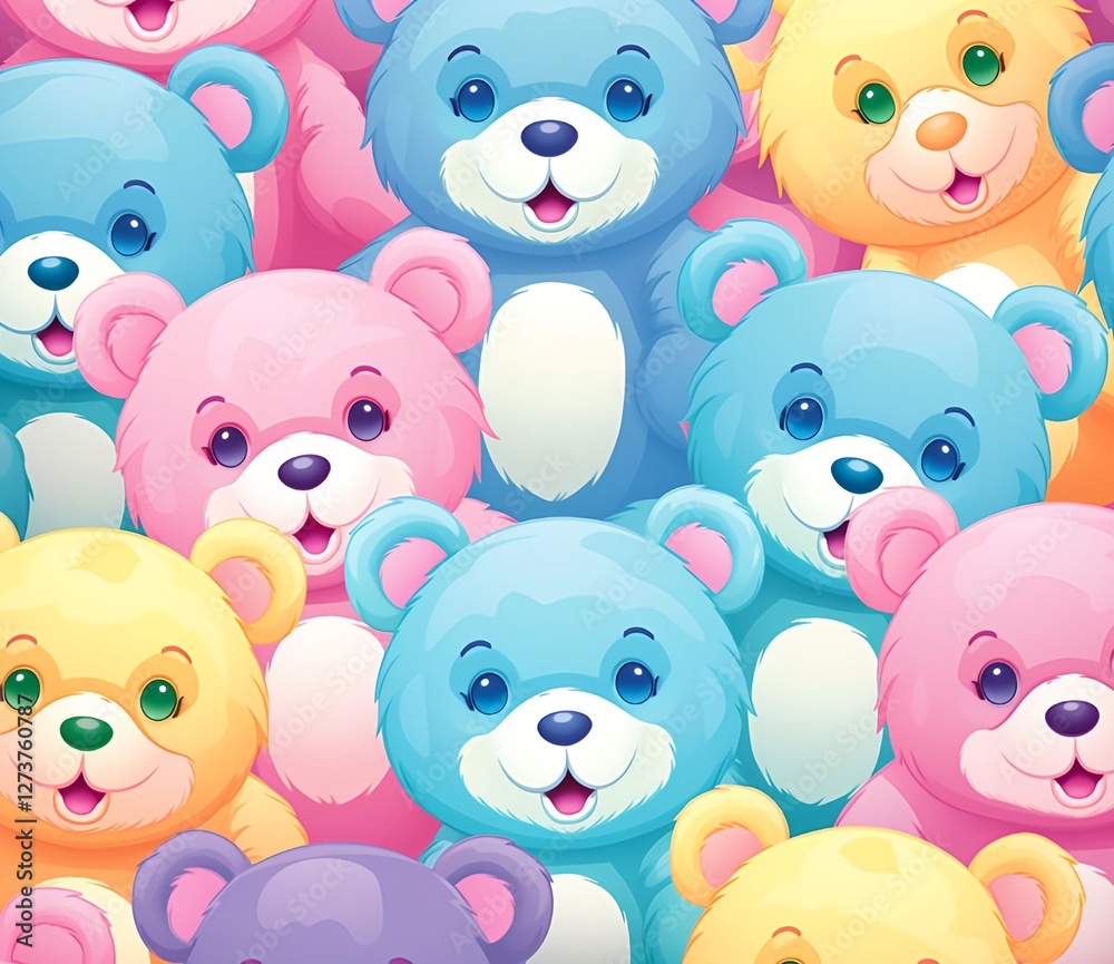 Cute, colorful Care Bears in different poses, 90s style, seamless ...
