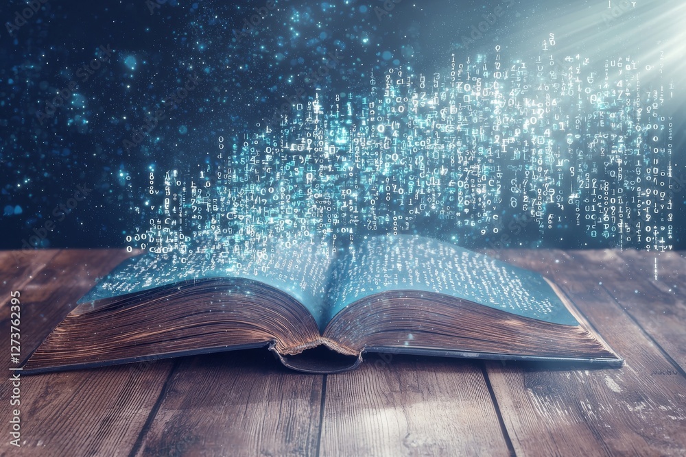 The image depicts an open book with radiant pages, gradually transforming into a sequence of ...