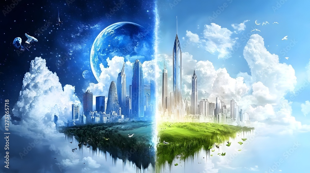 Futuristic sustainable urban landscape featuring floating islands ...