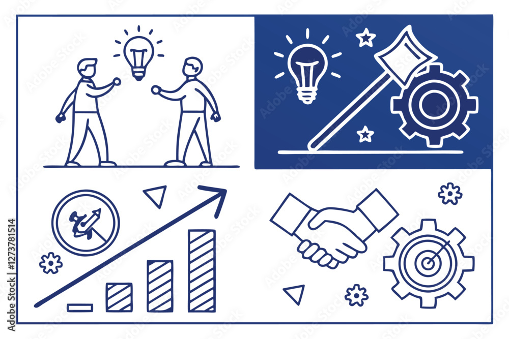 4 Business icons, linear style, blue and white, teamwork concepts ...
