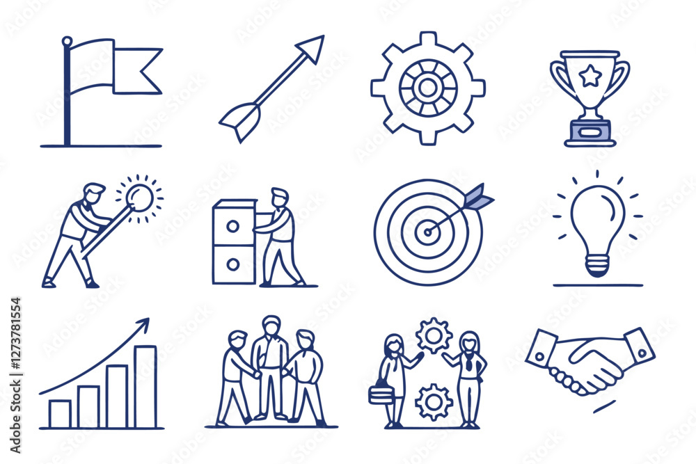 4 Business icons, linear style, blue and white, teamwork concepts ...