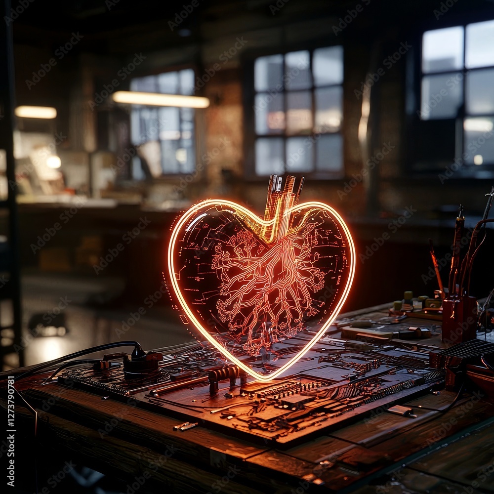 Cyberpunk high-tech neon glowing heart, a concept for cyber Valentine's ...