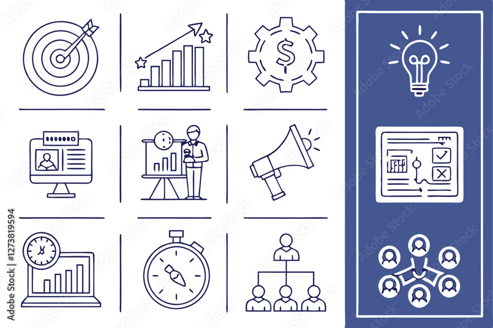 Business icons, line art, blue and white, strategy symbols, teamwork ...