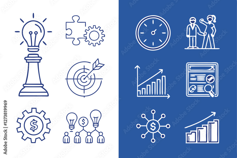 Business icons, line art, blue and white, strategy symbols, teamwork ...