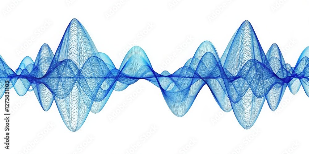 Detailed blue wireframe sound waves isolated on white background with ...