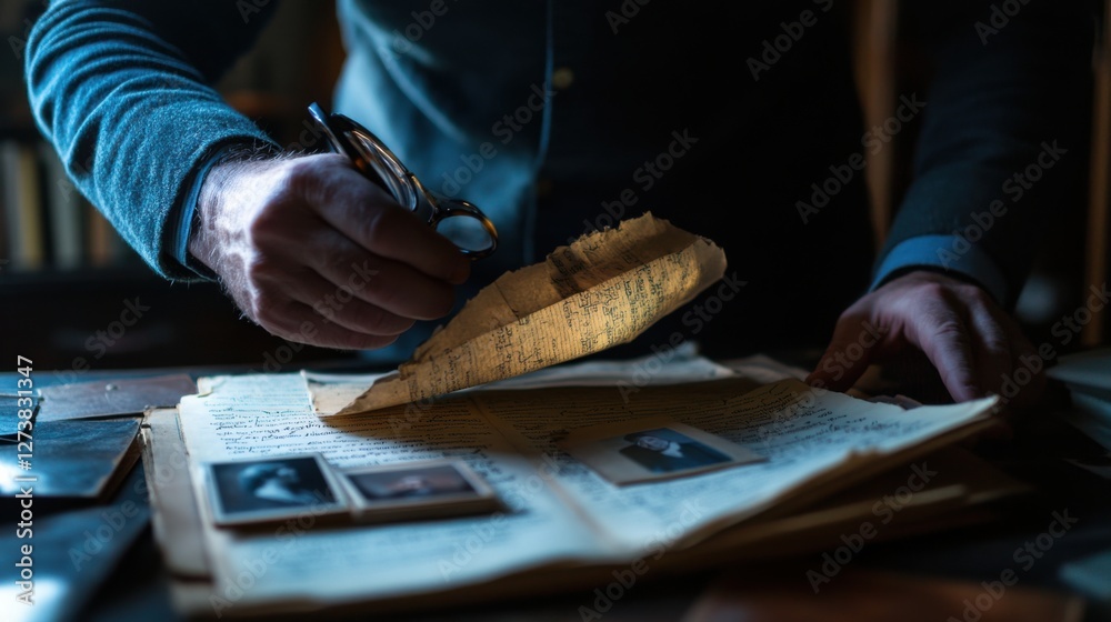 Detective reviewing an old case file with new evidence. Featuring ...