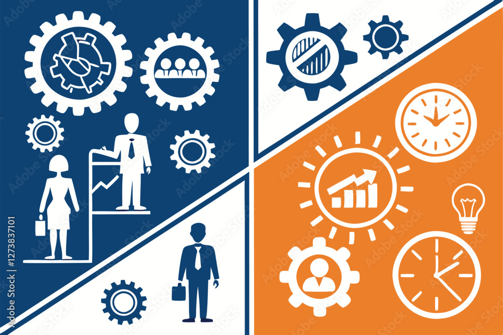 Business icons, teamwork symbols, corporate concepts, blue and orange ...