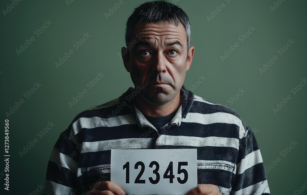 Sad Prisoner Mugshot in Classic Striped Uniform Holding Identification ...