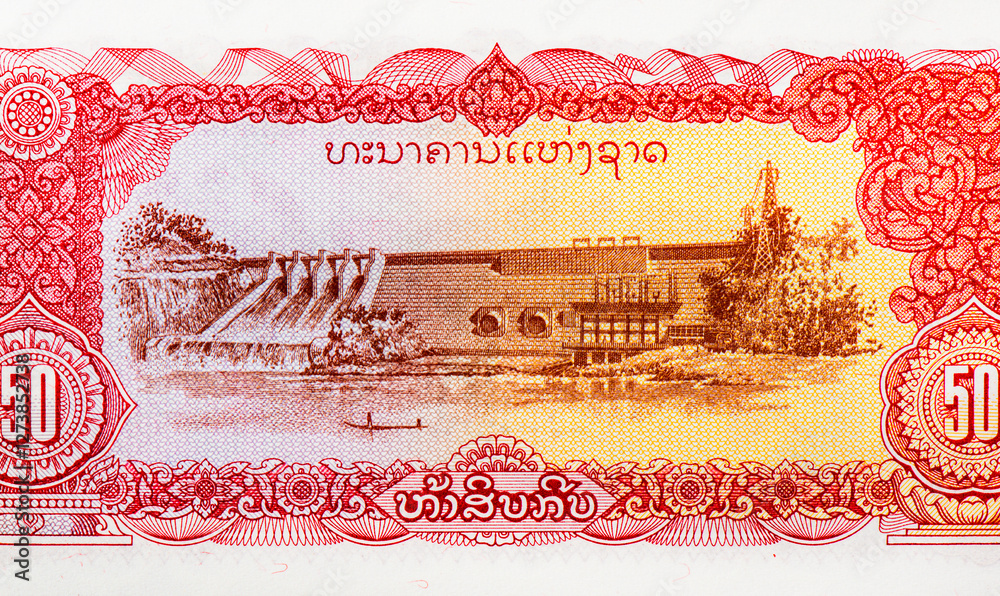 Nam Ngum hydroelectric dam, Portrait from Laos 50 Kip 1979 Banknotes ...