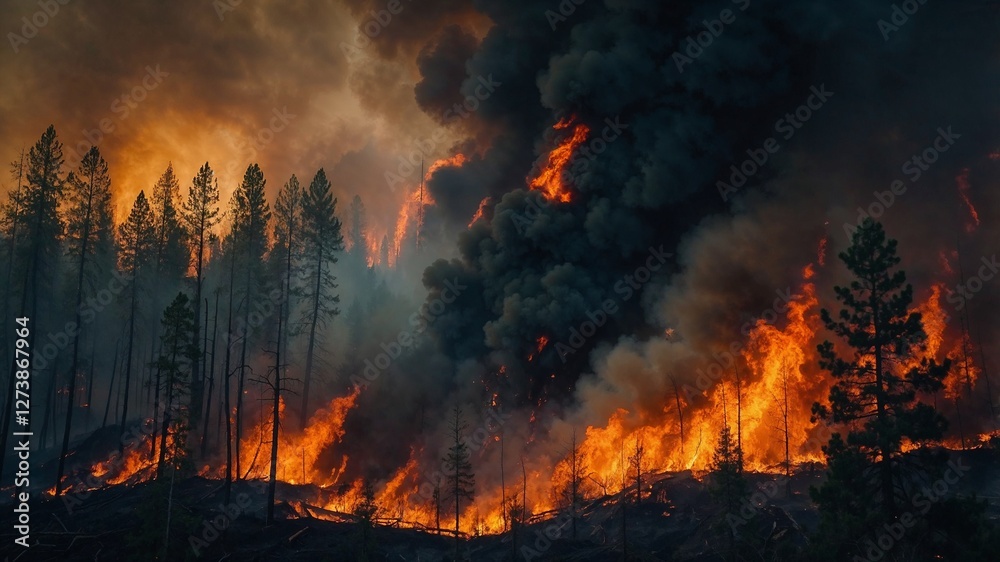 Massive wildfire spreading through dense forest. A large wildfire engulfs a dense forest, with ...