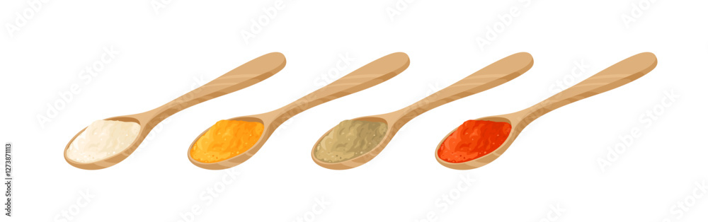 Set of wooden spoons with various powder spices. Vector cartoon flat ...