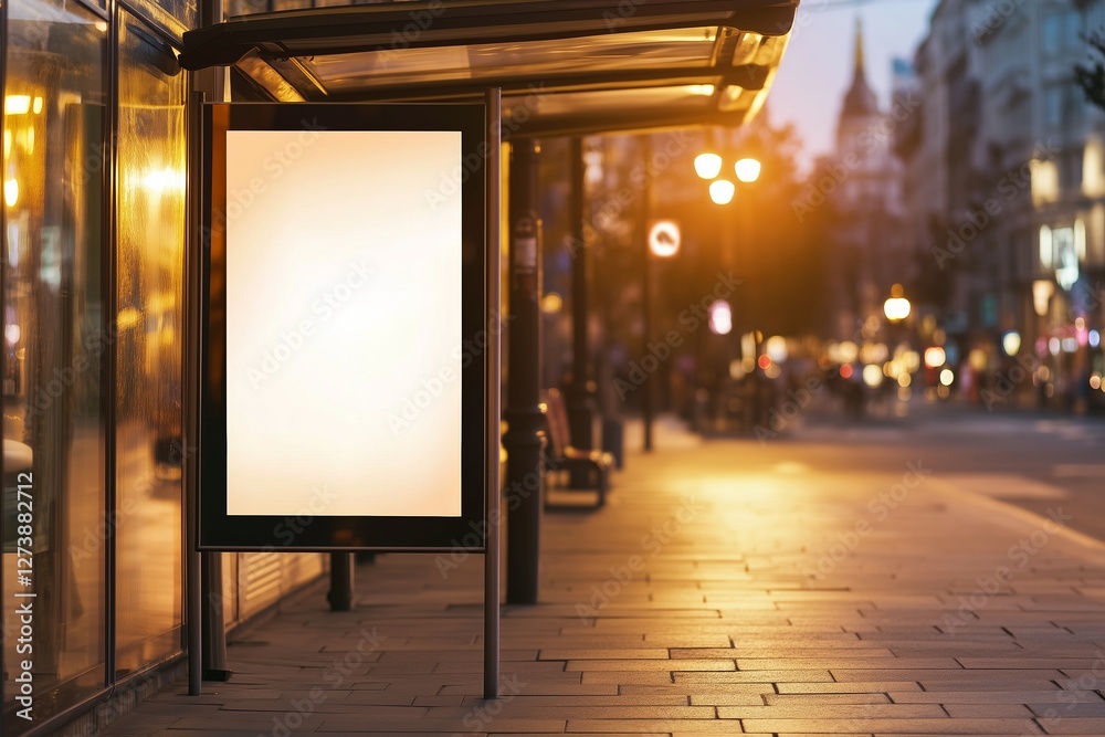 Blank bus stop advertising mockup in urban setting with sunset glow ...
