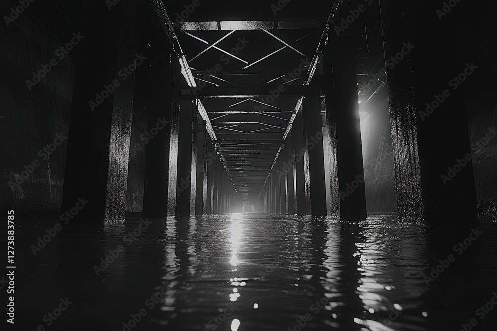 black and white image of an underground tunnel with metal beams ...
