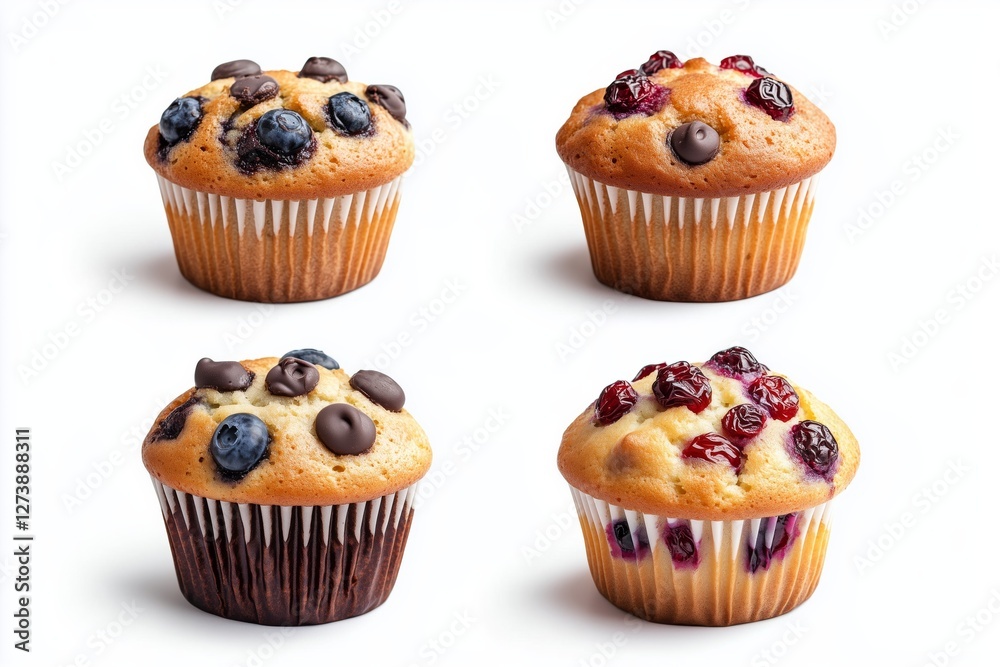 Collection of 4 muffin muffins top and front view set. Double chocolate ...