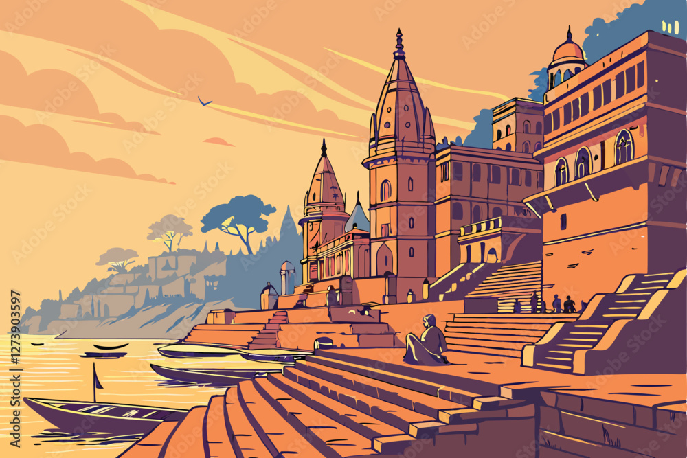 Varanasi ghats at sunrise, golden light reflecting on Ganges river ...