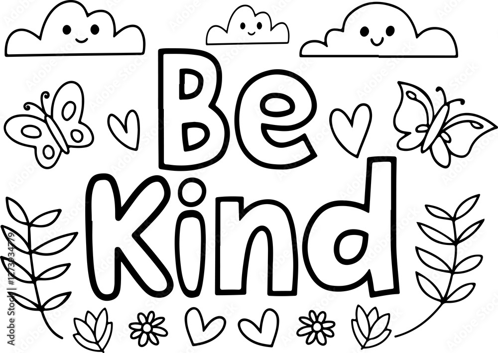 Coloring page of positive affirmations "Be Kind" with butterfly, tree ...