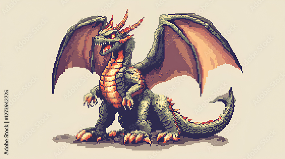 8-bit pixel art dragon character isolated, retro gaming fantasy ...