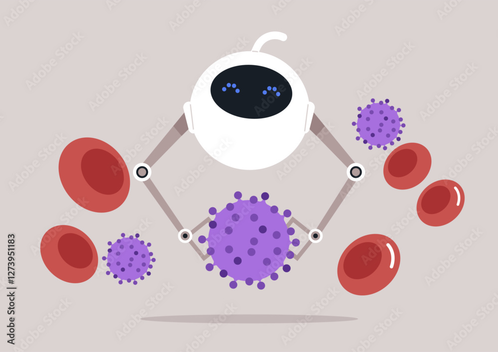 Biotech concept, a cute white robot fighting a virus disease ...