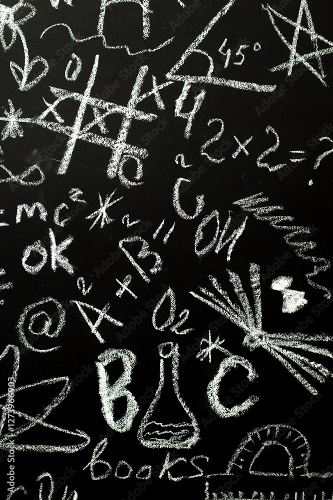 Chalkboard covered with various mathematical equations, symbols, and ...