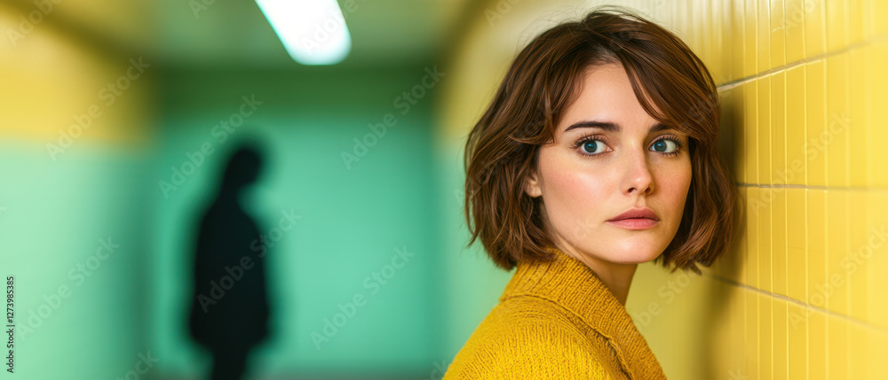 Stalker Shadowing Behavior and Psychological Patterns. woman in yellow ...