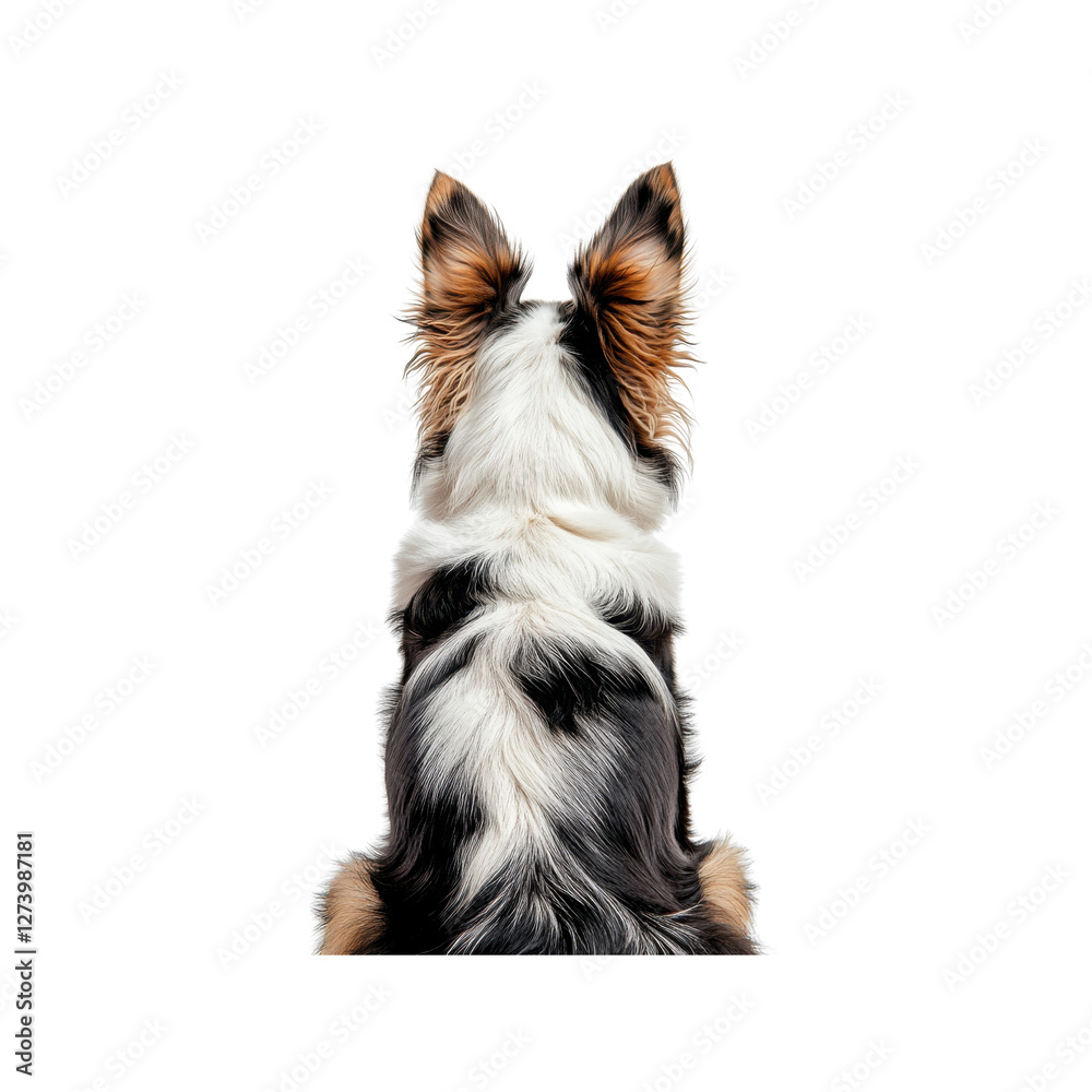 Rear view of a dog's back showing head and ears. The canine has a tri ...