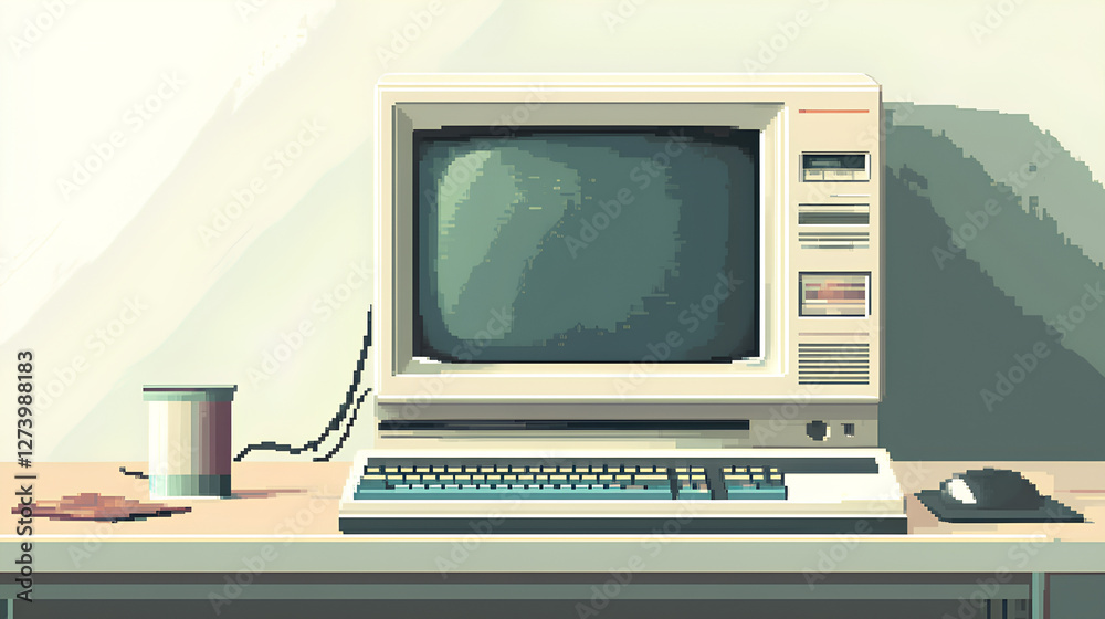 Nostalgic retro computer pixel, vintage icon digital pc, classic old ...