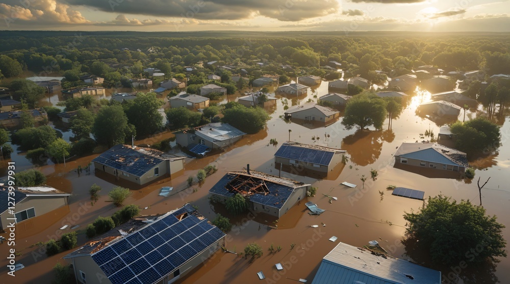 Aerial view of flooded residential area after a devastating flood, showing widespread damage to ...