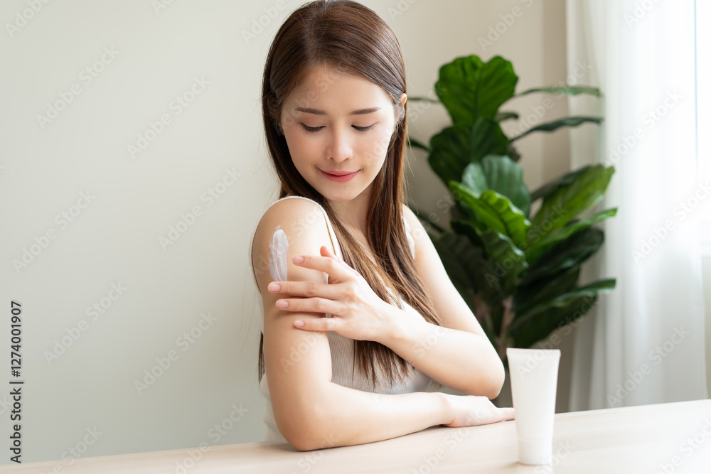 Health skin care, beauty smile asian young woman, girl hand applying ...