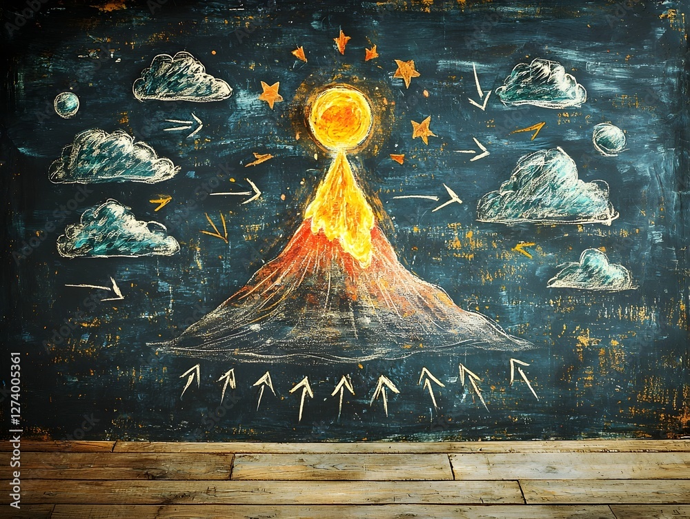Chalk Drawing of Erupting Volcano on Blackboard with Scientific Arrows ...