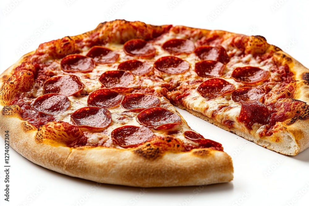 Pepperoni pizza slice removed, studio shot, white background, food ...