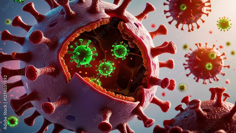 Microscopic battle: A host cell disintegrates under a ferocious viral ...