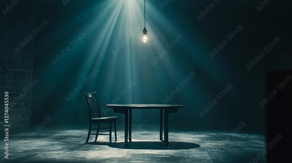 Police station interrogation room with a solitary bright light shining ...