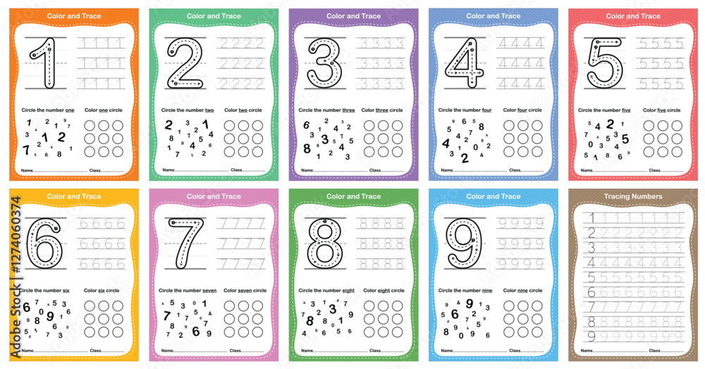 Numbers 1-9 Tracing and Color by Number Worksheet for Kids Stock Vector ...