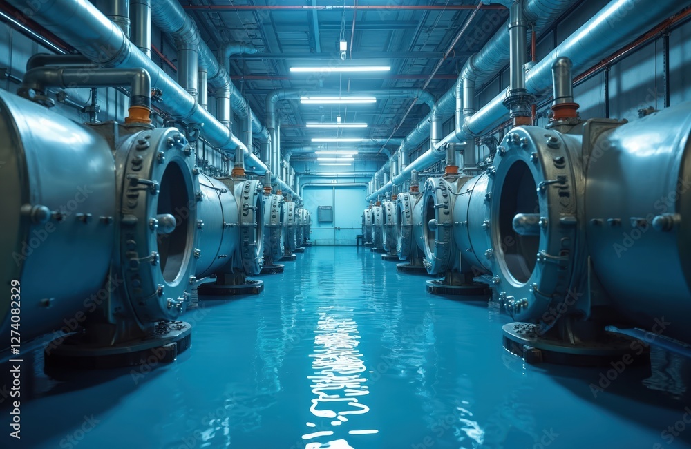 Flooded industrial pump room with blue lighting displays row of ...